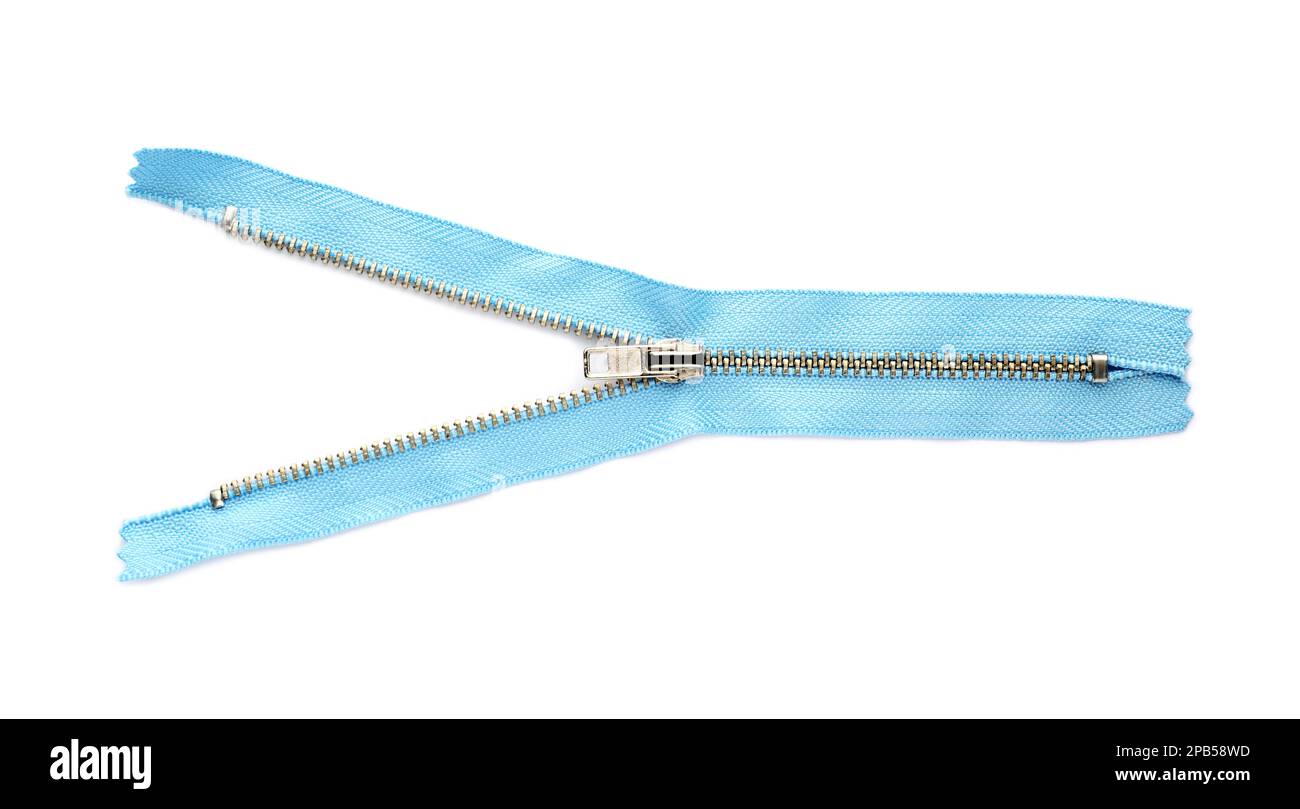 Light blue zipper isolated on white, top view Stock Photo - Alamy