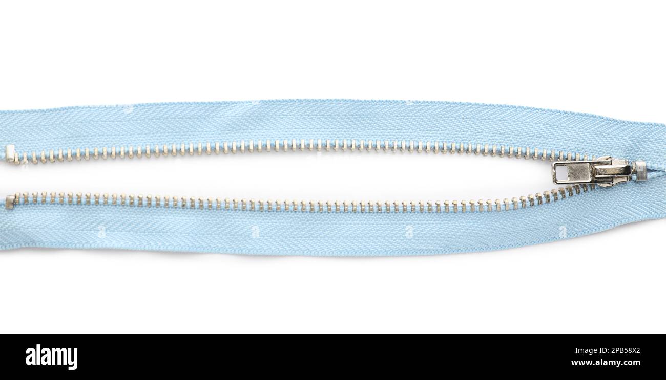 Light blue zipper on white background, top view Stock Photo - Alamy