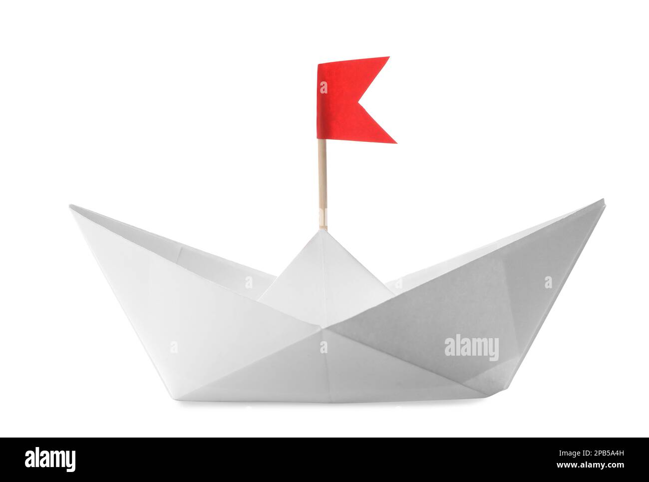 Handmade paper boat with red flag isolated on white. Origami art Stock ...