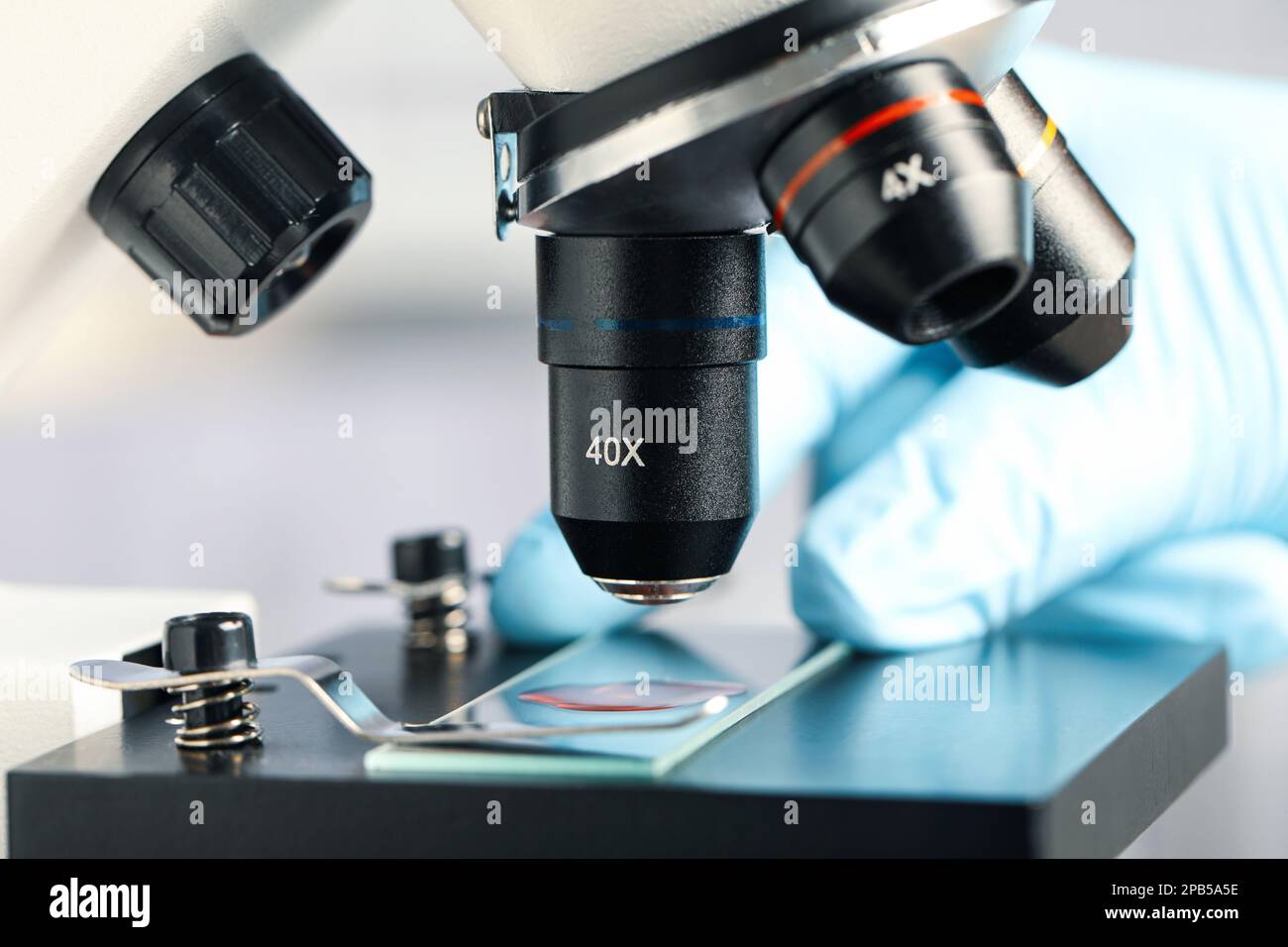 Scientist examining sample of red liquid on slide under microscope in ...