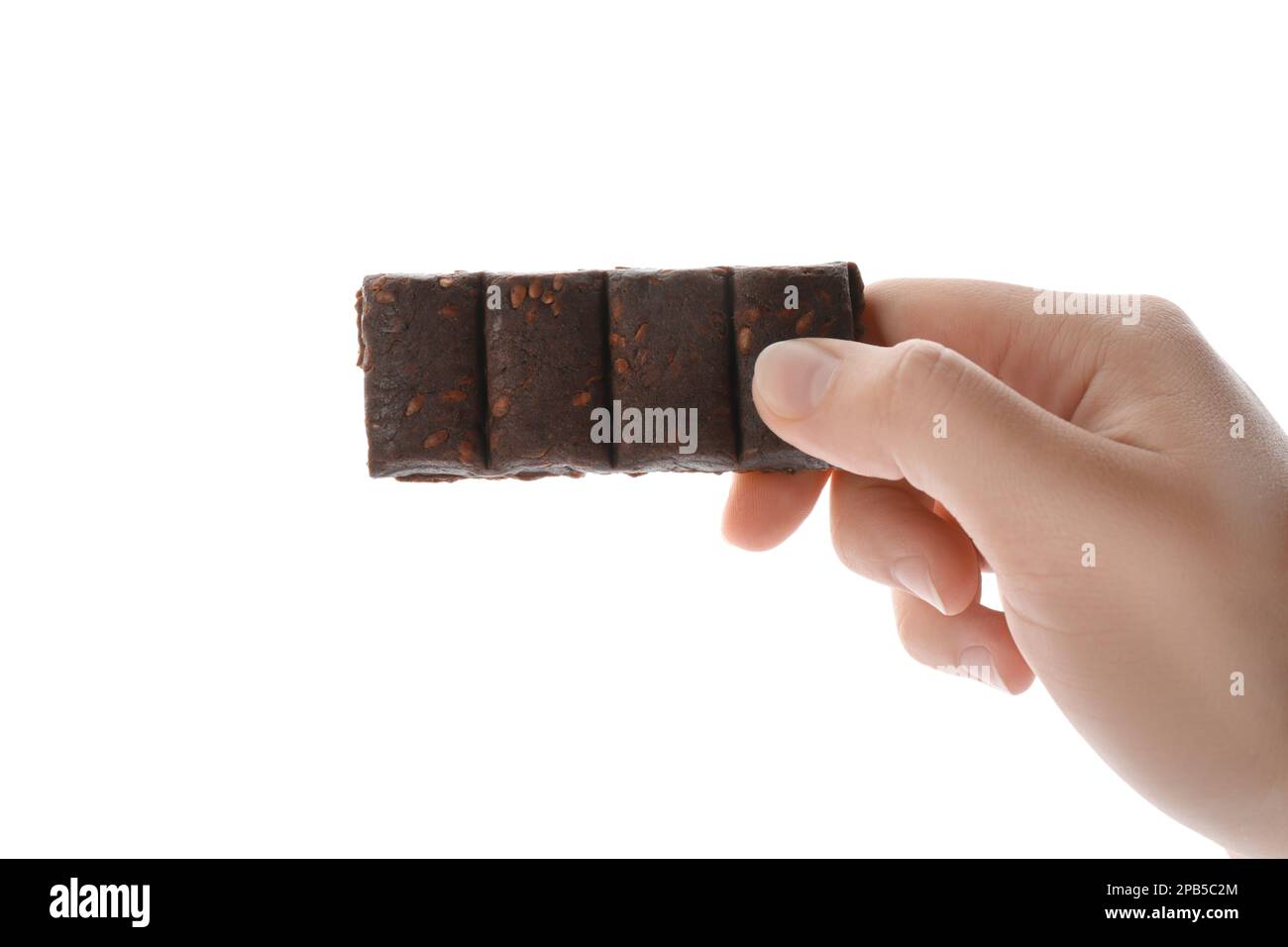 Woman holding hematogen bar on white background, closeup Stock Photo ...