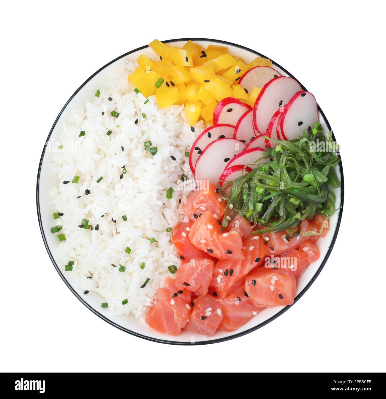 Delicious poke bowl with salmon and vegetables isolated on white, top ...
