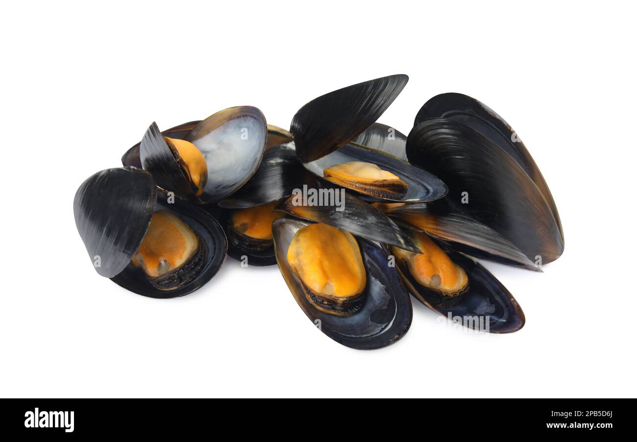 Delicious cooked mussels in shells on white background Stock Photo - Alamy