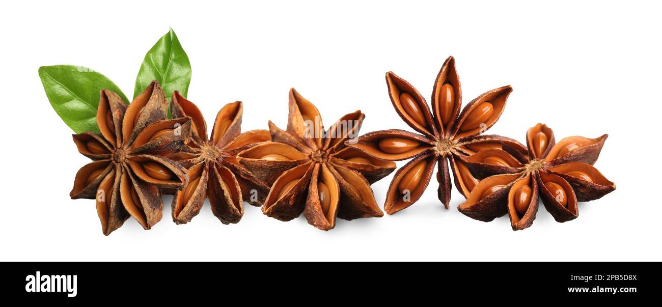Aromatic dry anise stars and green leaves on white background. Banner ...