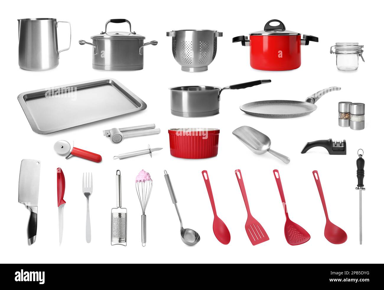 Set with different kitchenware on white background Stock Photo - Alamy
