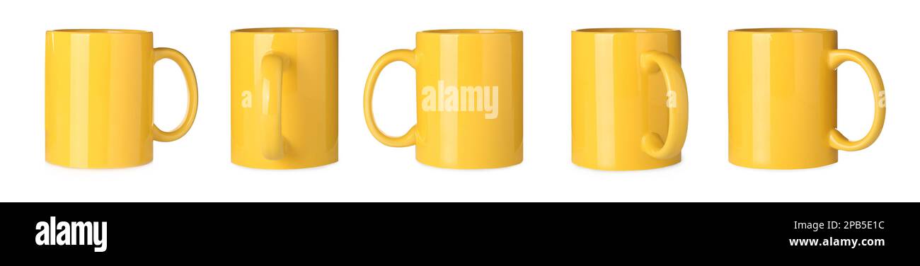 Set with yellow ceramic mugs on white background. Banner design Stock ...