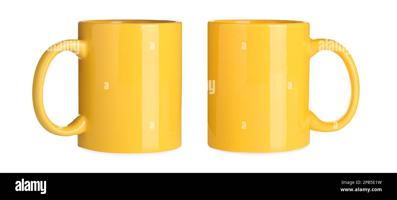 Yellow ceramic mugs on white background, collage. Banner design Stock ...