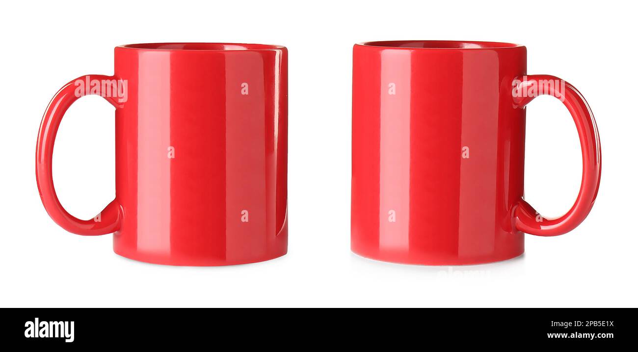 Red ceramic mugs on white background, collage. Banner design Stock ...