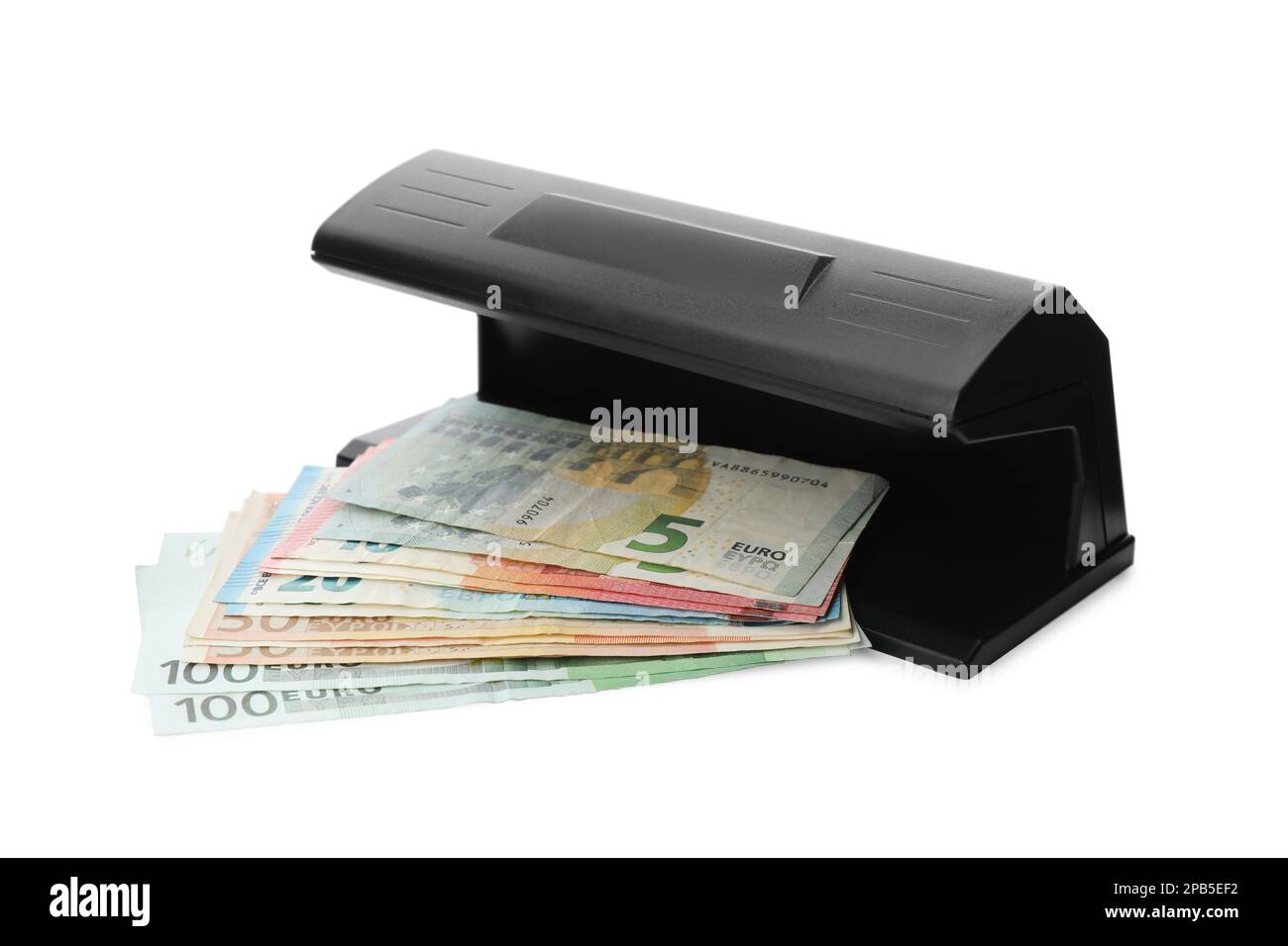 Modern currency detector with Euro banknotes on white background. Money ...