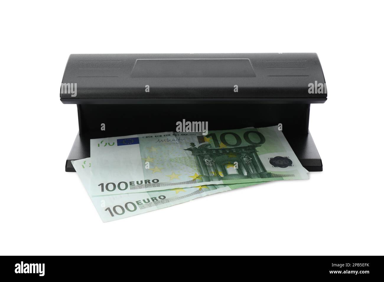 Modern currency detector with Euro banknotes on white background. Money ...