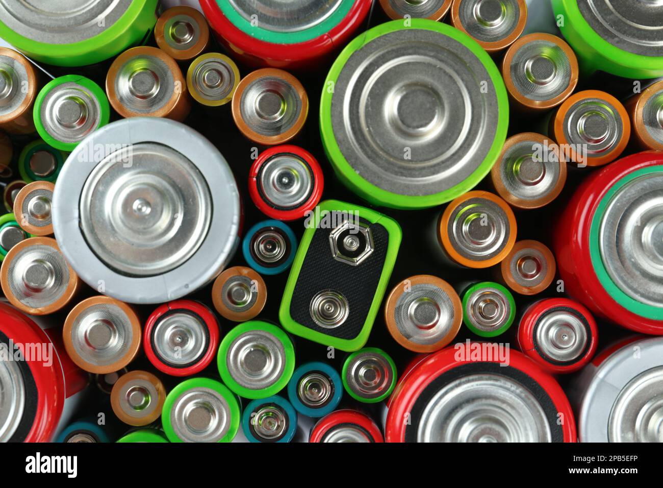 Many batteries of different types as background, top view Stock Photo ...