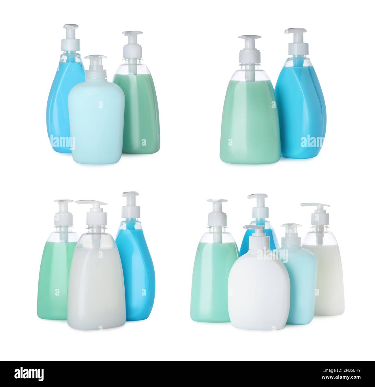 Set with different bottles of liquid soap on white background Stock ...