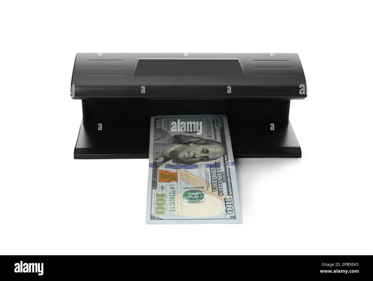Modern currency detector with dollar banknote isolated on white. Money ...