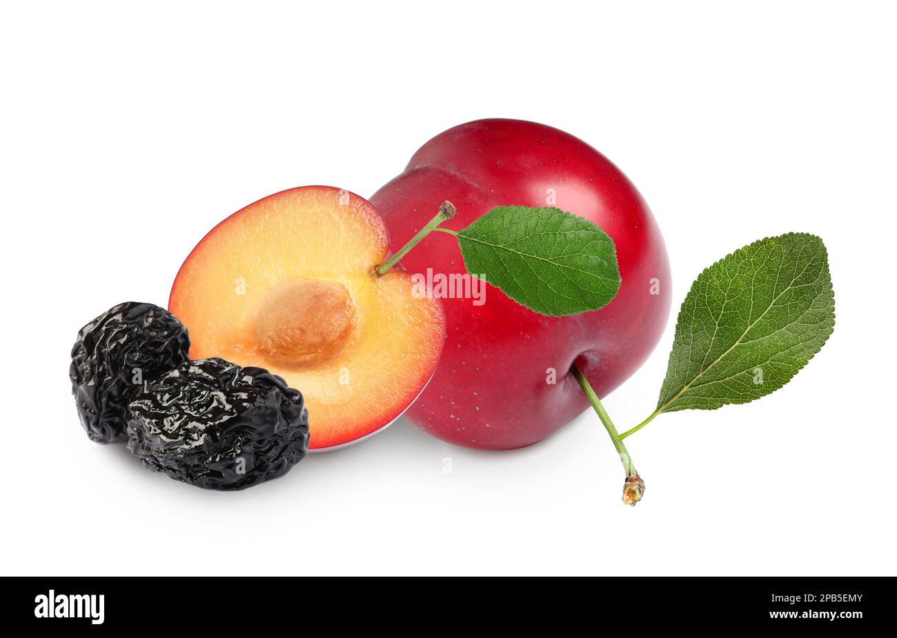 Delicious fresh ripe plums and sweet dried prunes on white background ...