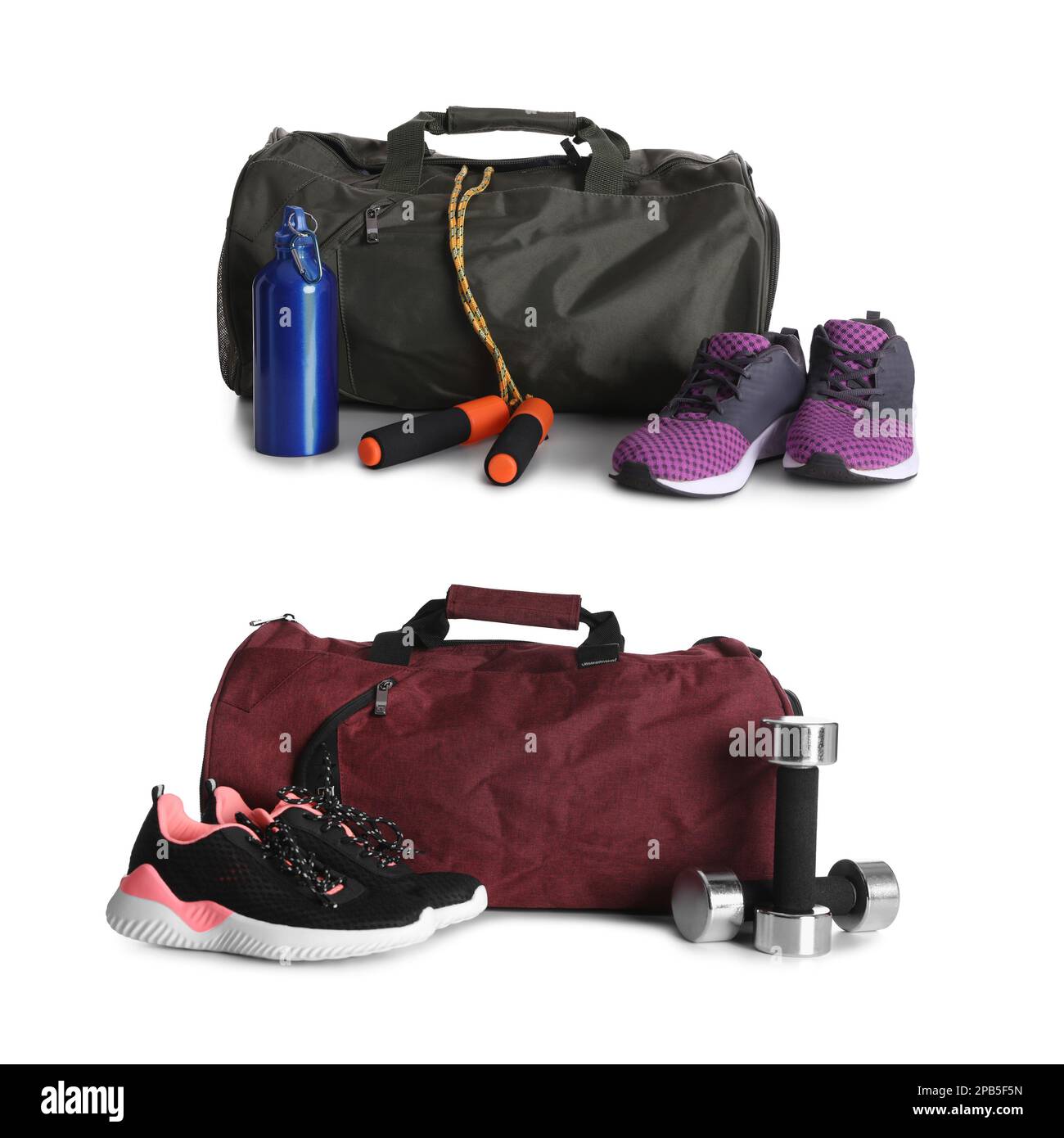 Sports bag and gym equipment on white background, collage Stock Photo ...