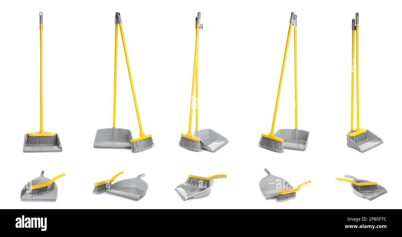 Set with plastic brooms and dustpans on white background. Banner design ...