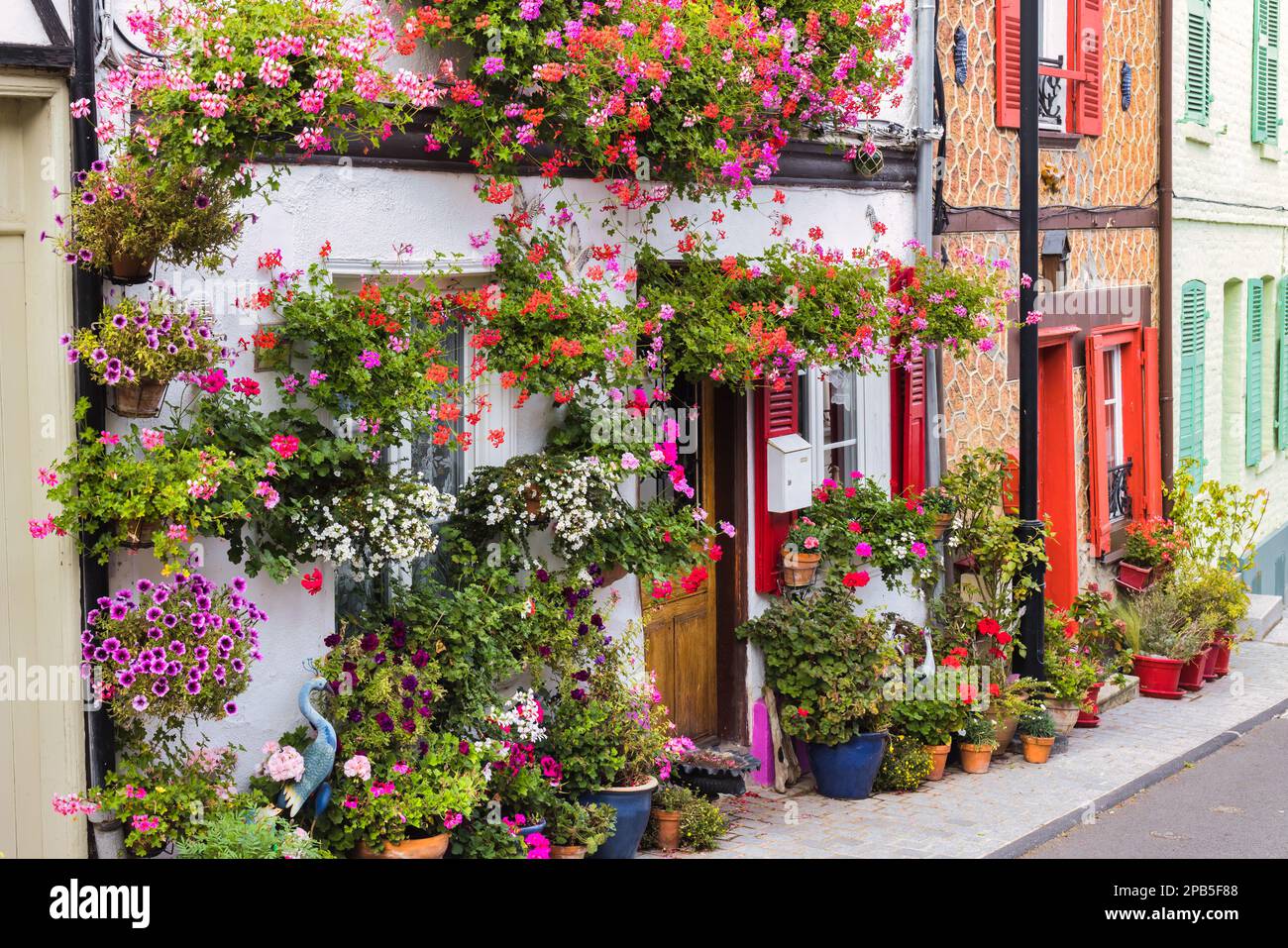 scenic view of a townhouse with colorful flower decoration in Saint ...