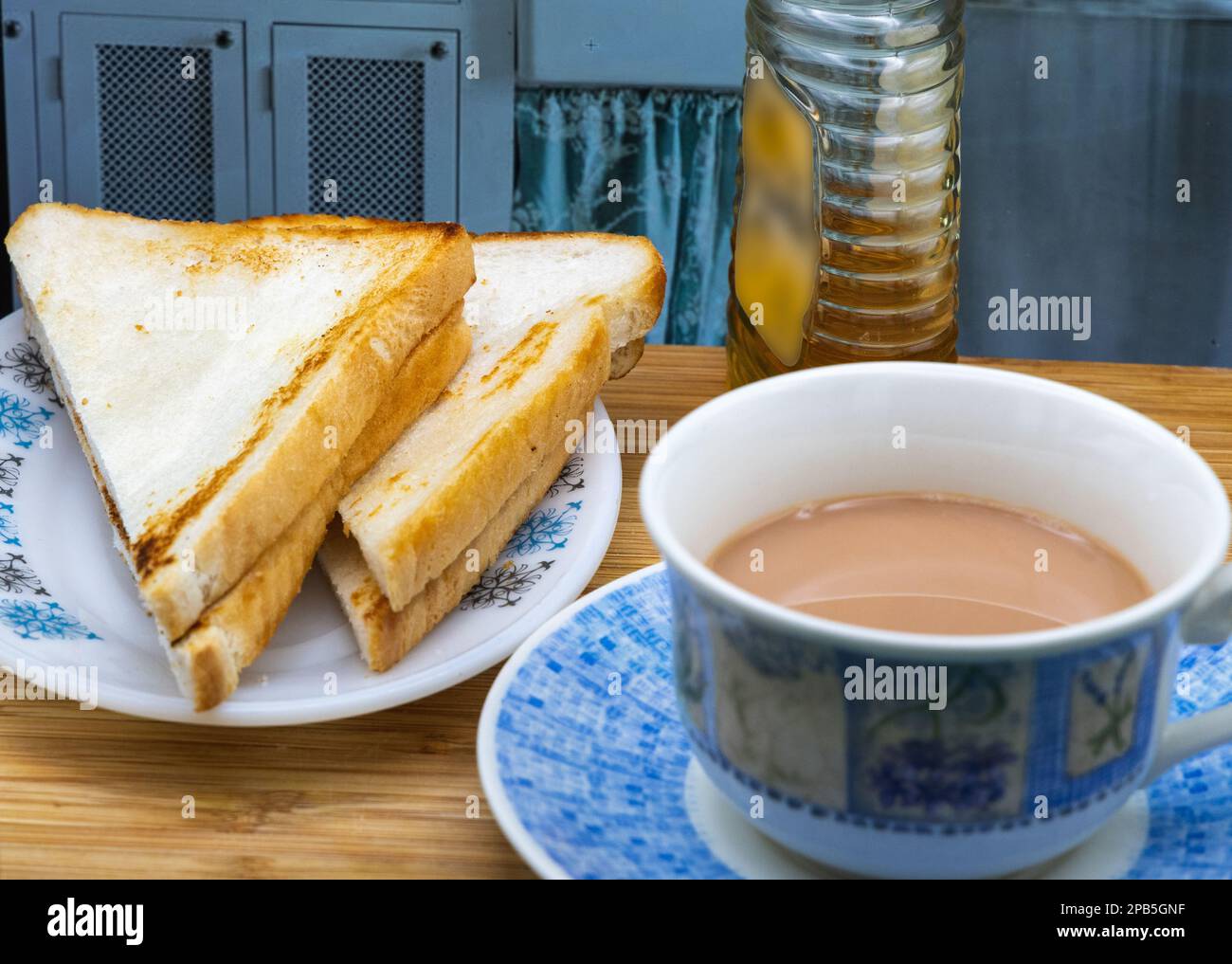 English Breakfast - Tea with Egg and Toast , Honey / Jam Stock Photo ...