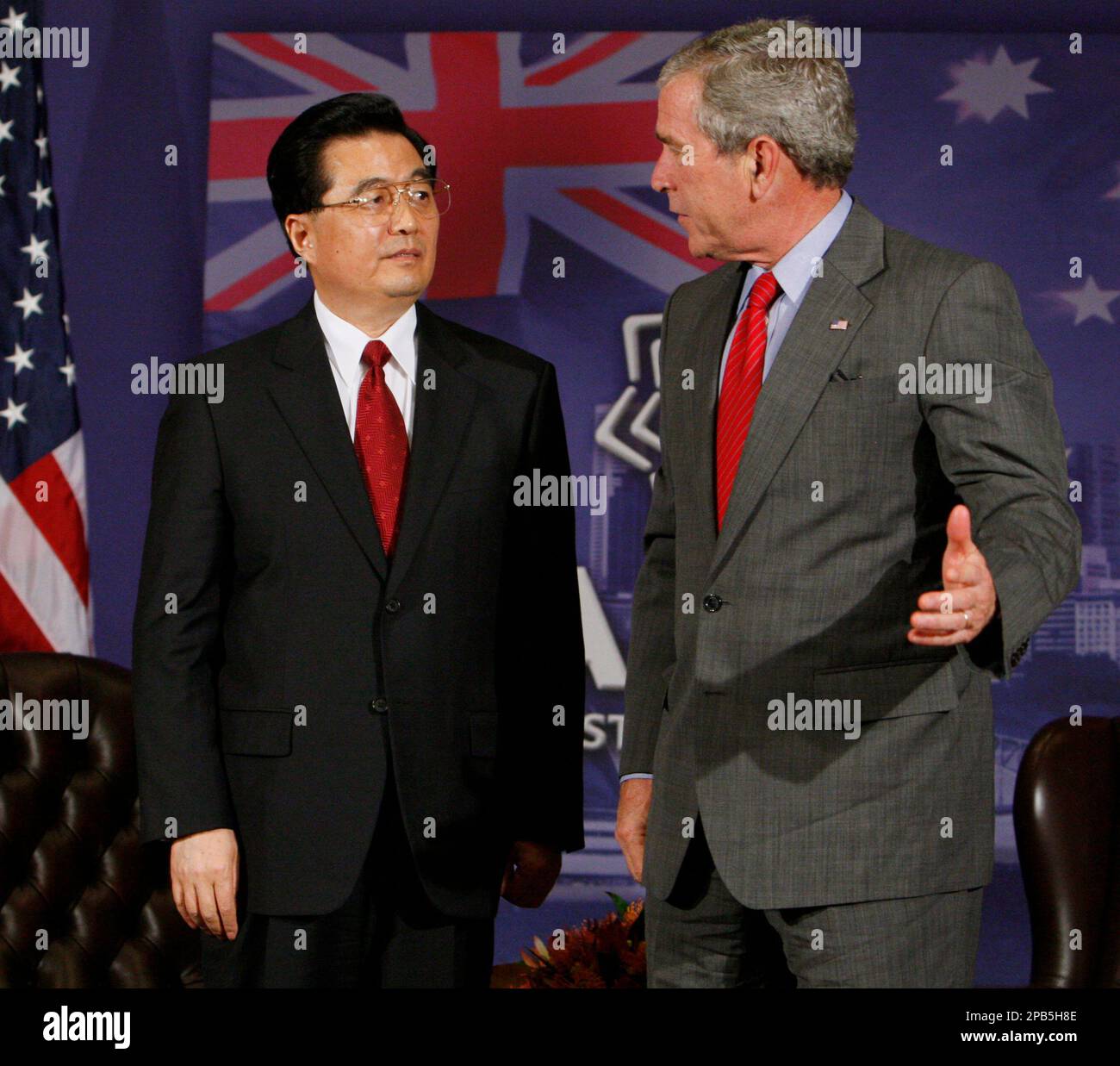 President Bush, right, and Chinese President Hu Jintao finish their ...