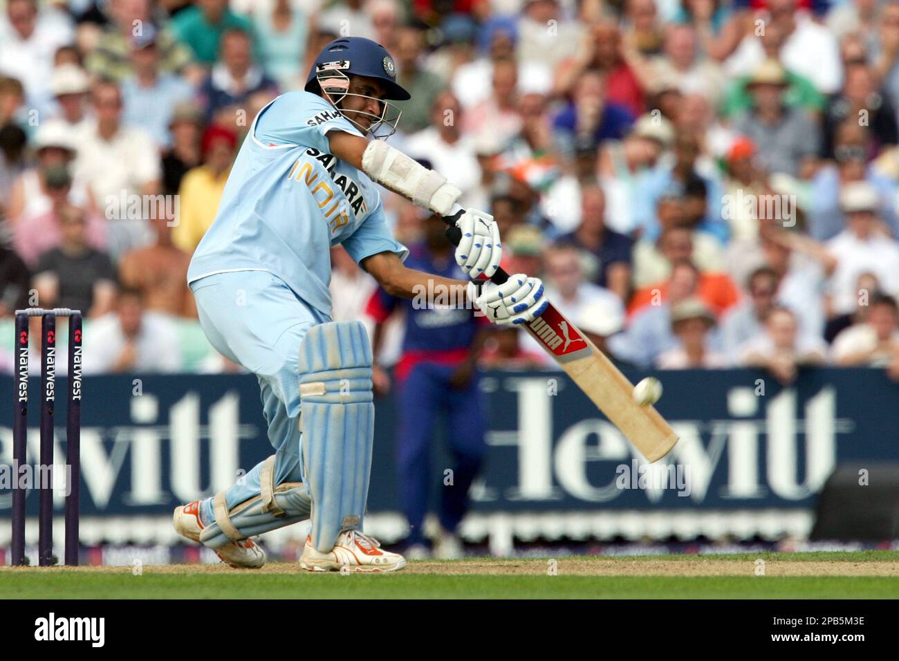 India's Sourav Ganguly hits a six from a ball from England's Stuart ...