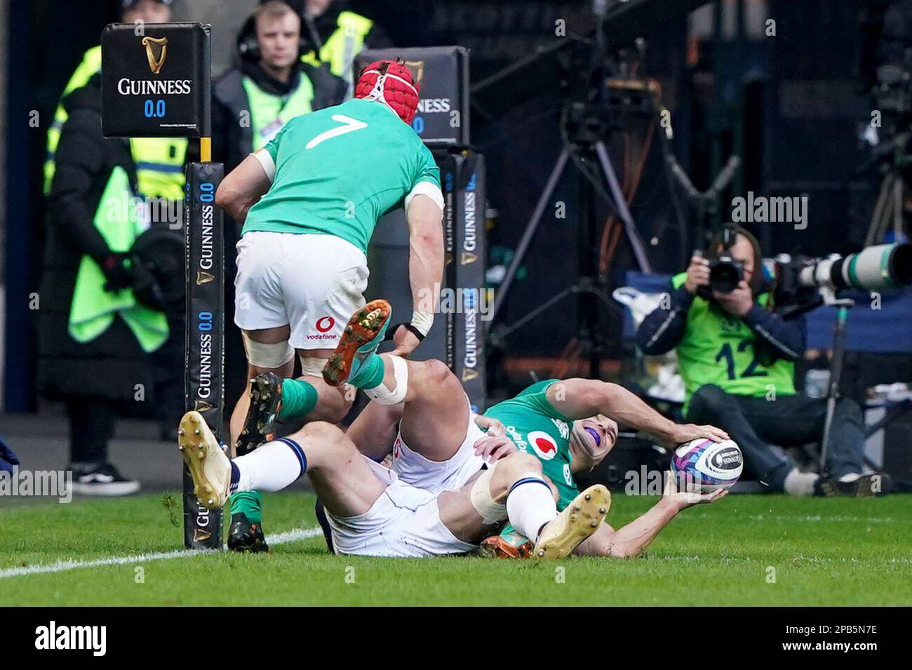 Ireland’s James Lowe scores a try during the Guinness Six Nations match ...