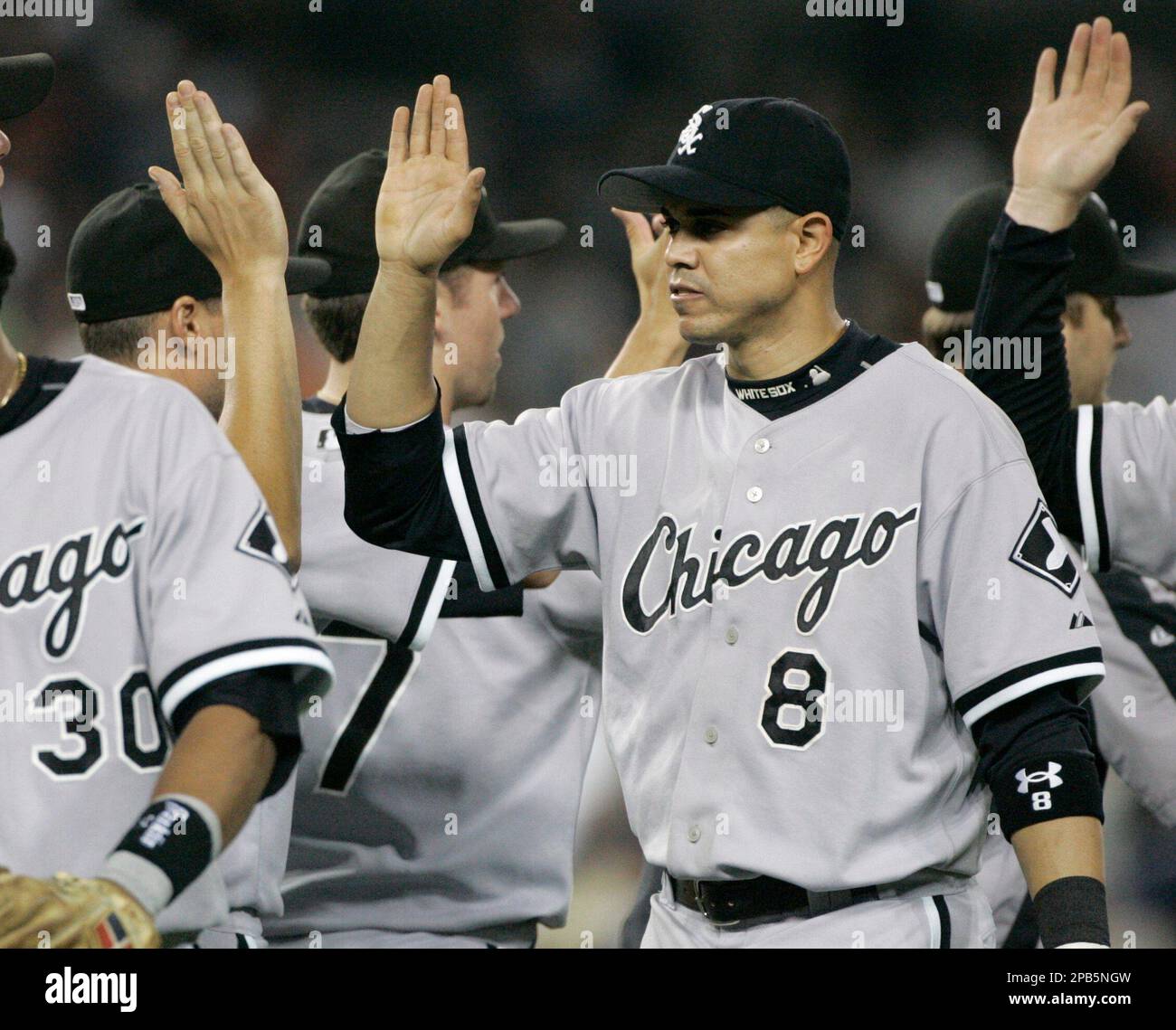 Chicago White Sox's Alex Cintron (8) is congratulated by teammates ...