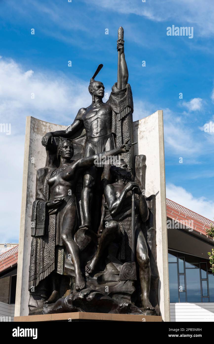 Kupe and Kuramārōtini statue on the Wellington waterfront, New Zealand ...