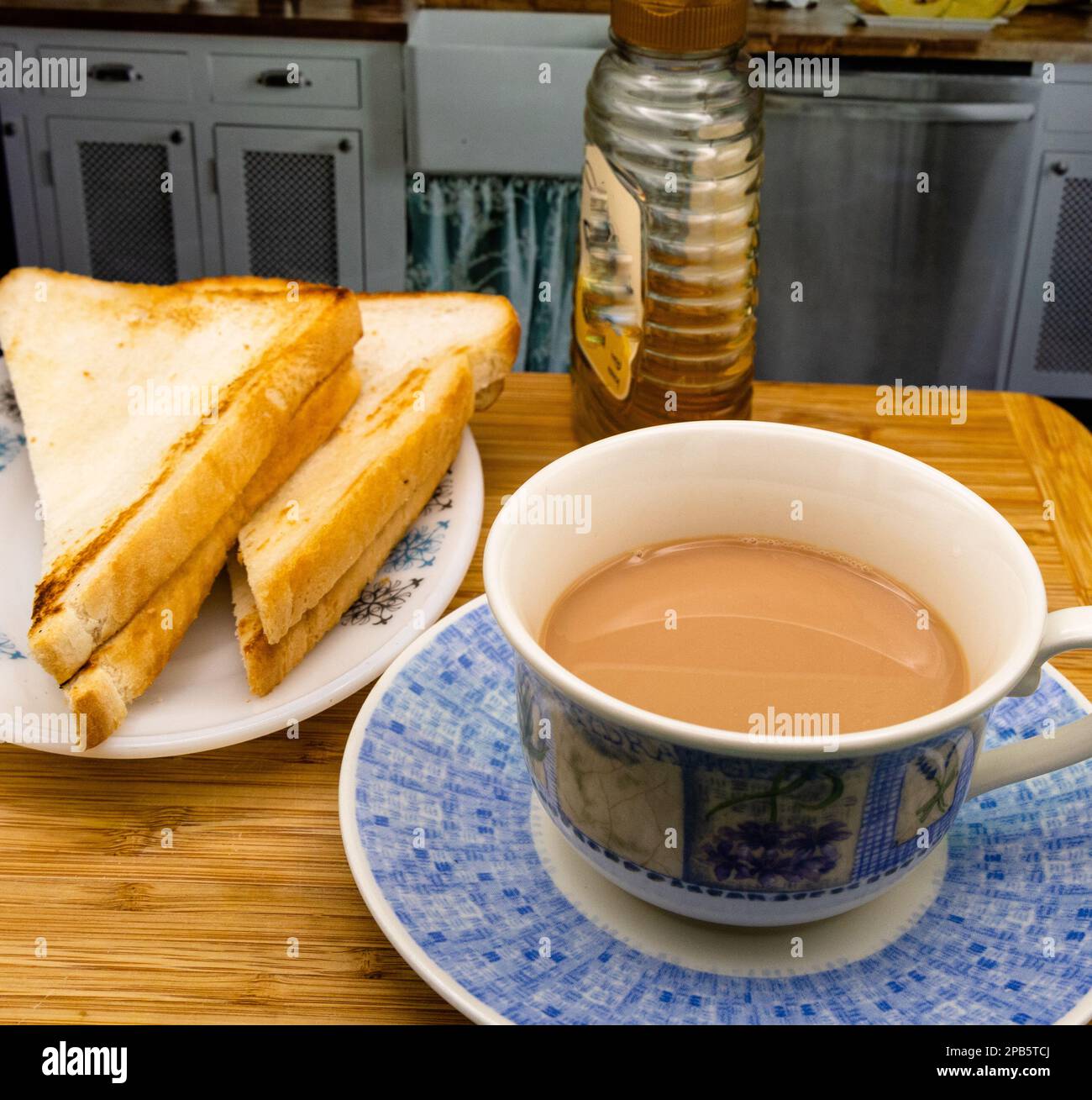 English Breakfast - Tea with Egg and Toast , Honey / Jam Stock Photo ...