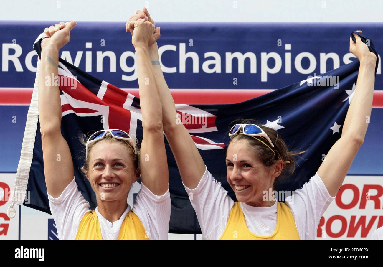 Amber Halliday, left, and Marguerite Houston from Australia celebrate ...
