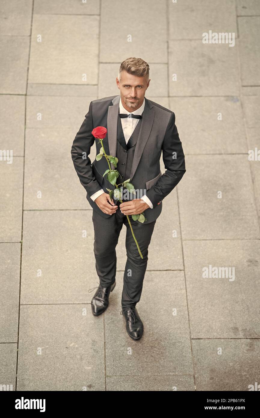 engagement date. romantic tuxedo man celebrates engagement. man with ...