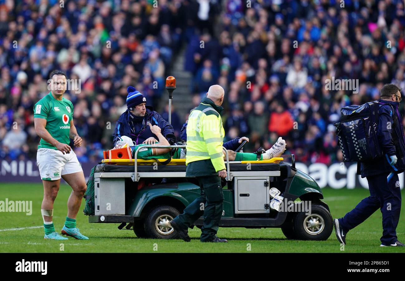 Ireland’s Garry Ringrose is stretchered off the pitch during the ...
