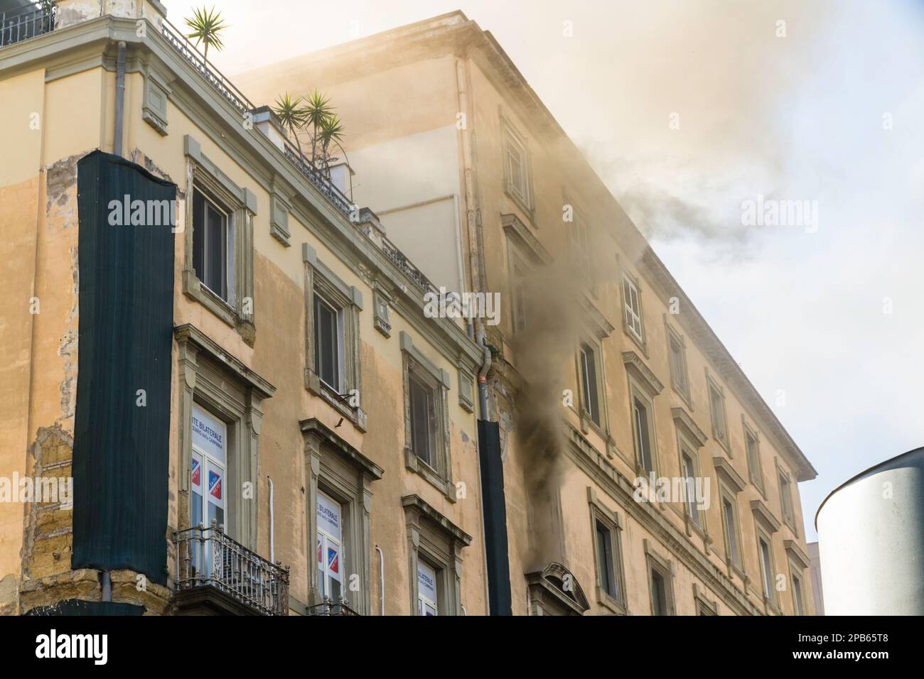 Naples, Italy - February 15th 2023 - Domestic apartment fire with smoke ...