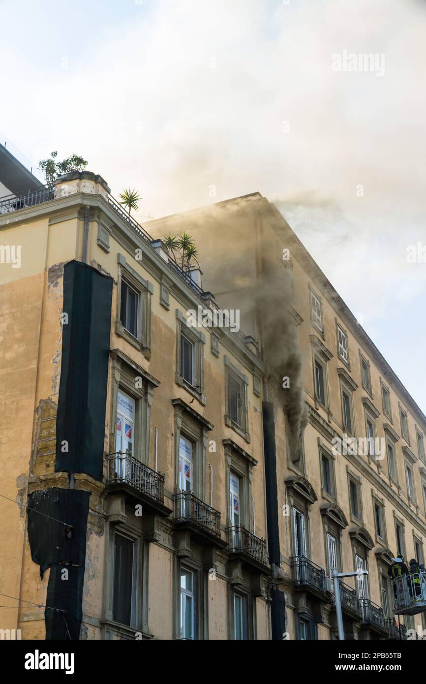 Naples, Italy - February 15th 2023 - Domestic apartment fire with smoke ...