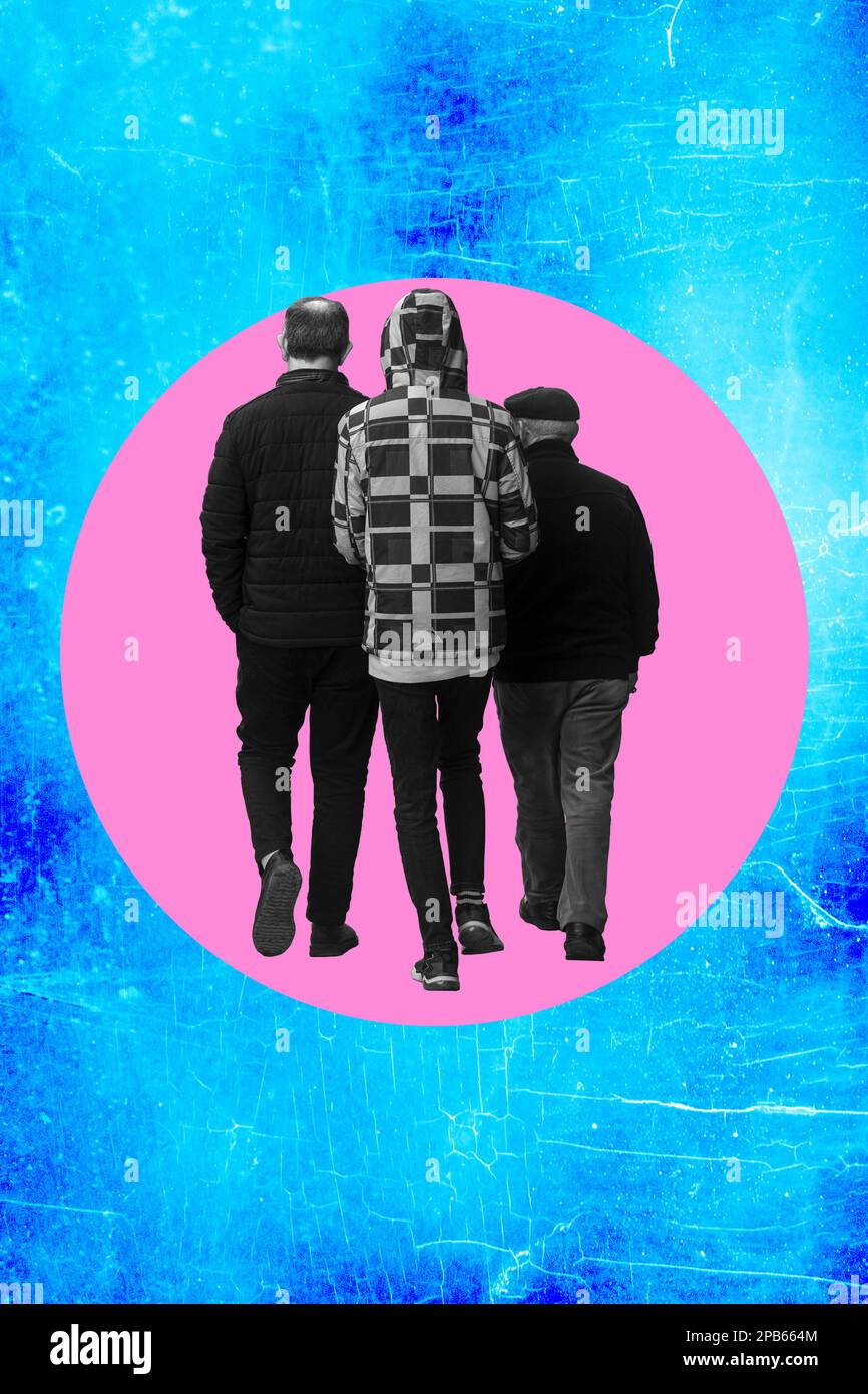 Vertical collage image of three people of different ages from the back ...