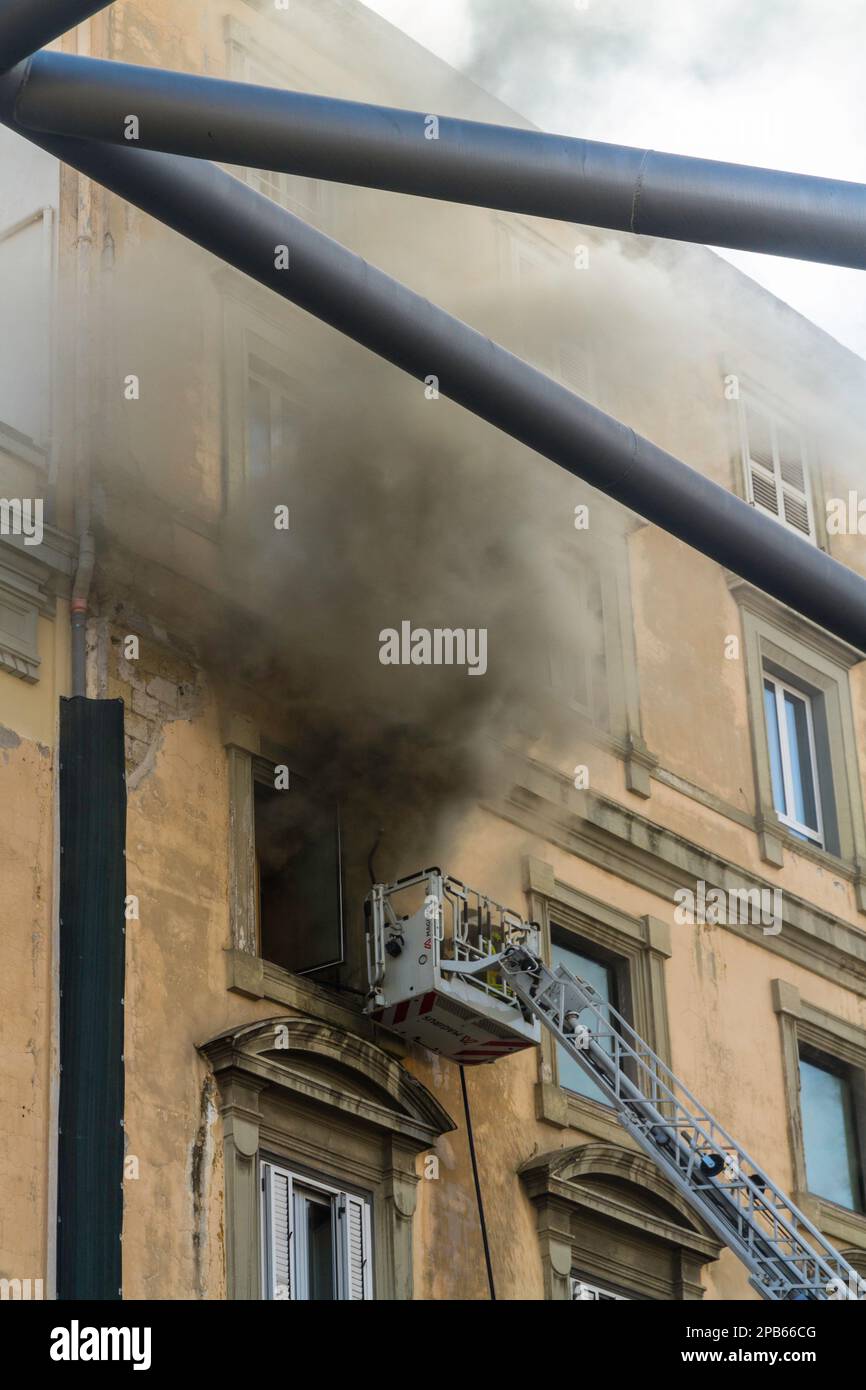 Naples, Italy - February 15th 2023 - Domestic apartment fire with smoke ...