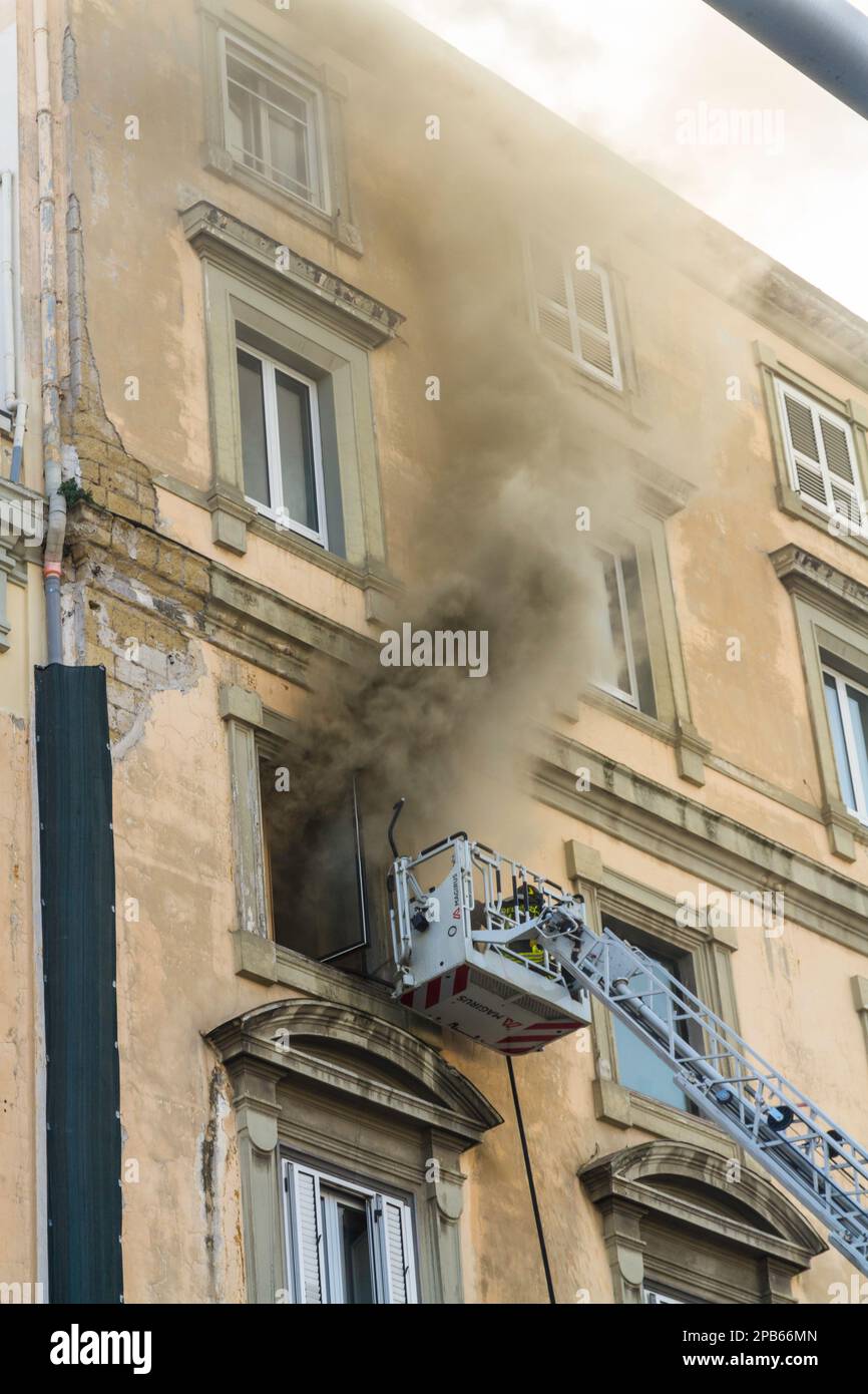 Naples, Italy - February 15th 2023 - Domestic apartment fire with smoke ...