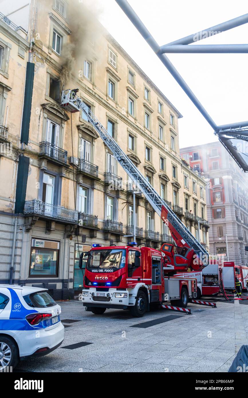 Naples, Italy - February 15th 2023 - Domestic apartment fire with smoke ...