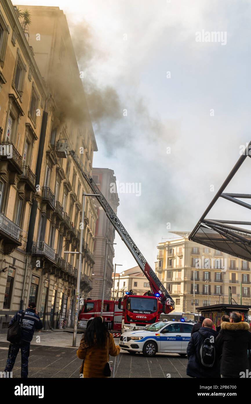 Naples, Italy - February 15th 2023 - Domestic apartment fire with smoke ...
