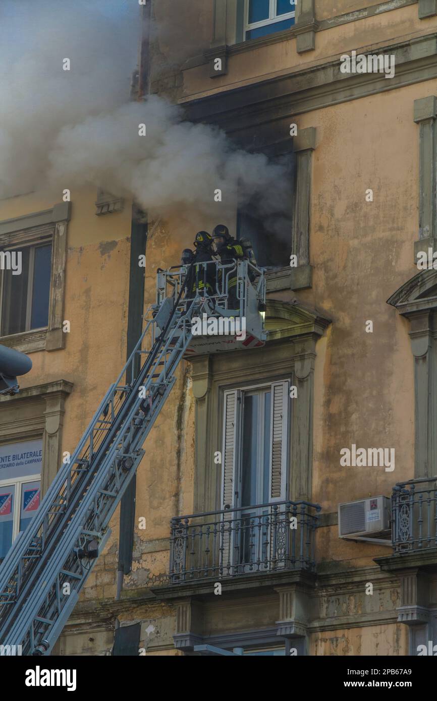 Naples, Italy - February 15th 2023 - Domestic apartment fire with smoke ...