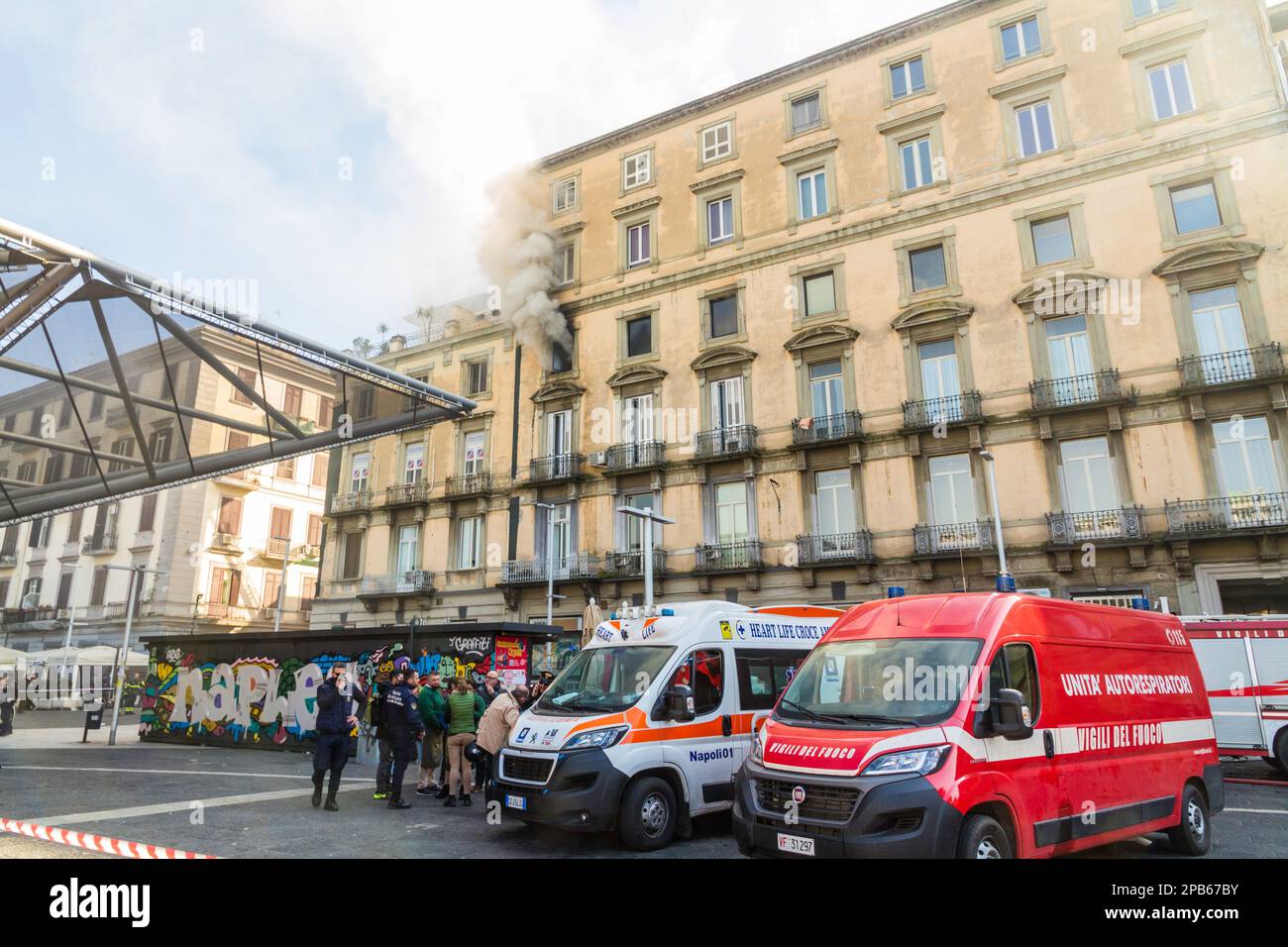 Naples, Italy - February 15th 2023 - Domestic apartment fire with smoke ...