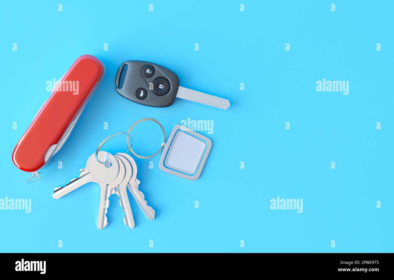 Metal keys bunch, an empty plate for the text or logo, a red folding ...