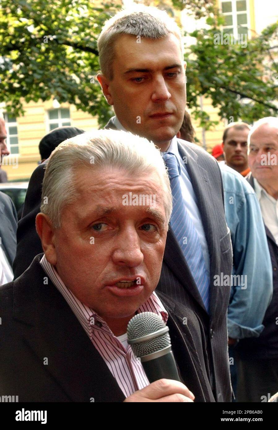 Poland's former Deputy Prime Minister Andrzej Lepper speaks in front of ...