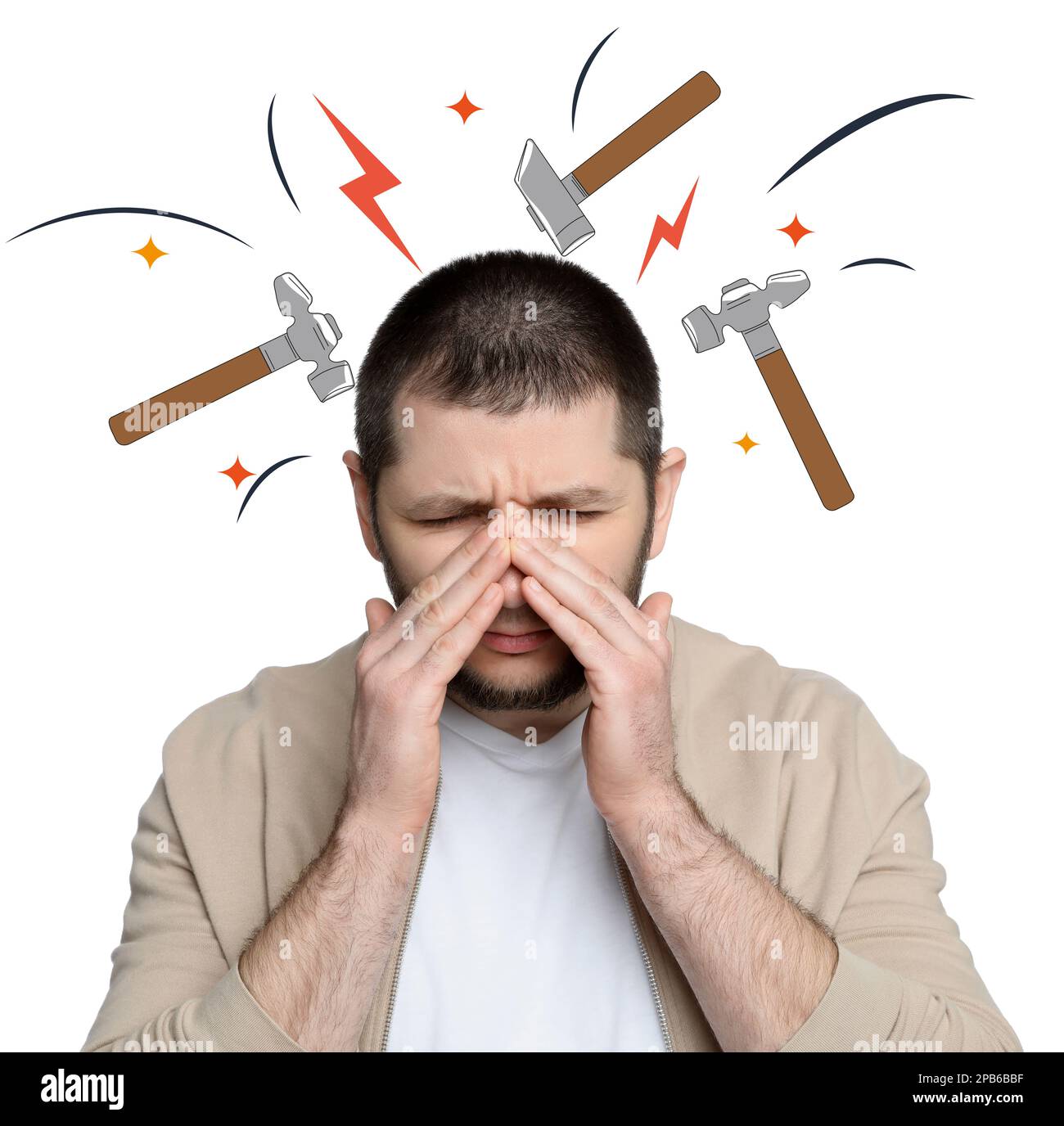 Man having headache on white background. Illustration of hammers and ...