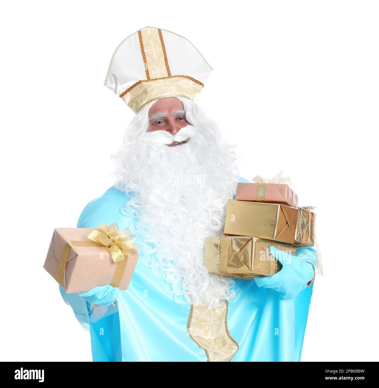 Portrait of Saint Nicholas with presents on white background Stock ...