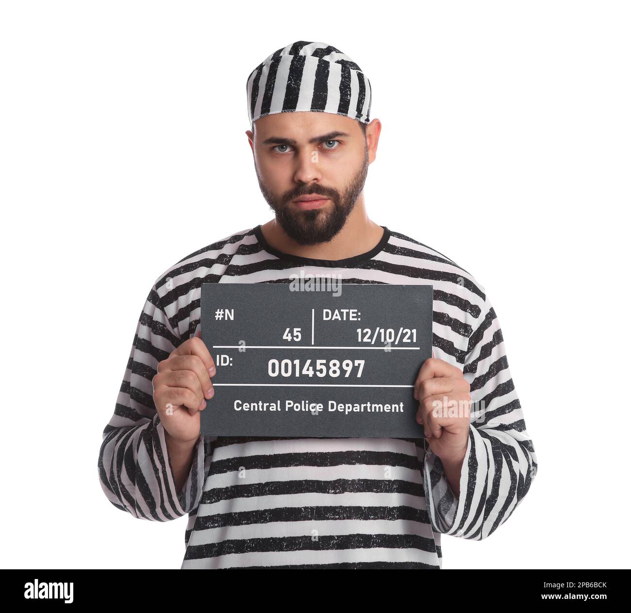 Prisoner In Special Uniform With Mugshot Letter Board On White