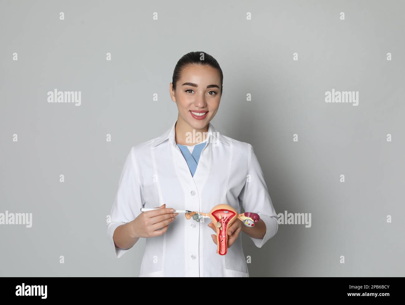 Doctor demonstrating model of female reproductive system on light grey ...