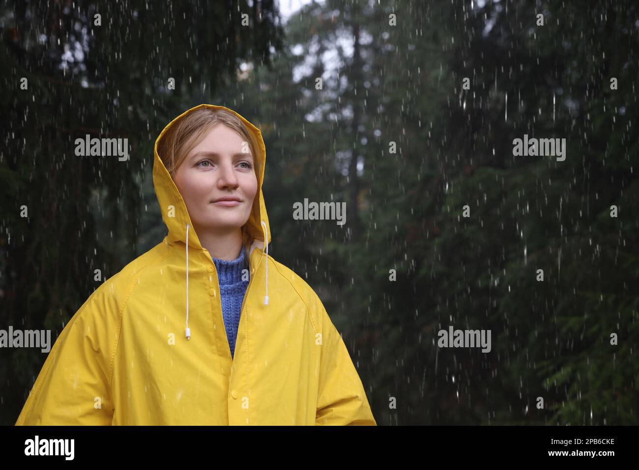 Young woman with raincoat in forest under rain Stock Photo - Alamy