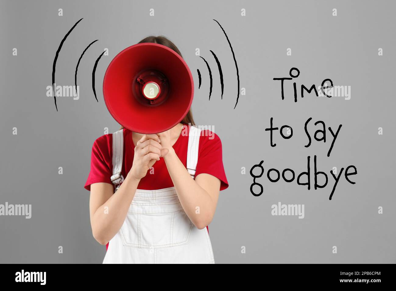 Young woman with megaphone and phrase Time to say Goodbye on light grey ...