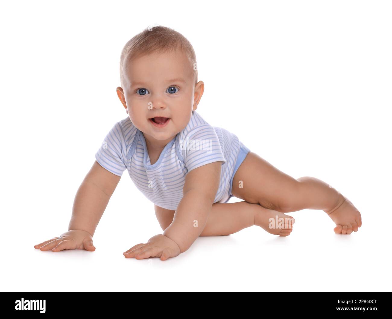 Cute little baby boy crawling on white background Stock Photo - Alamy