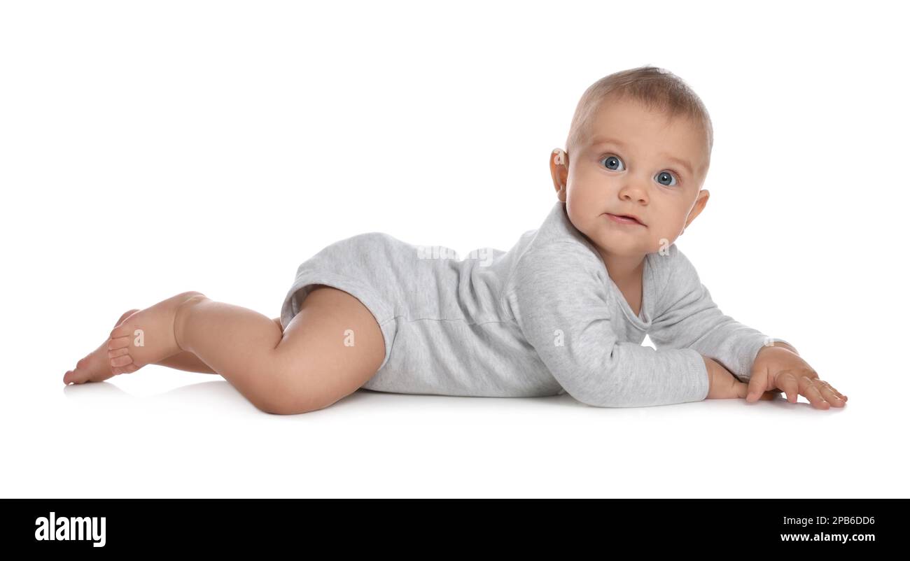 Cute little baby crawling on white background Stock Photo - Alamy